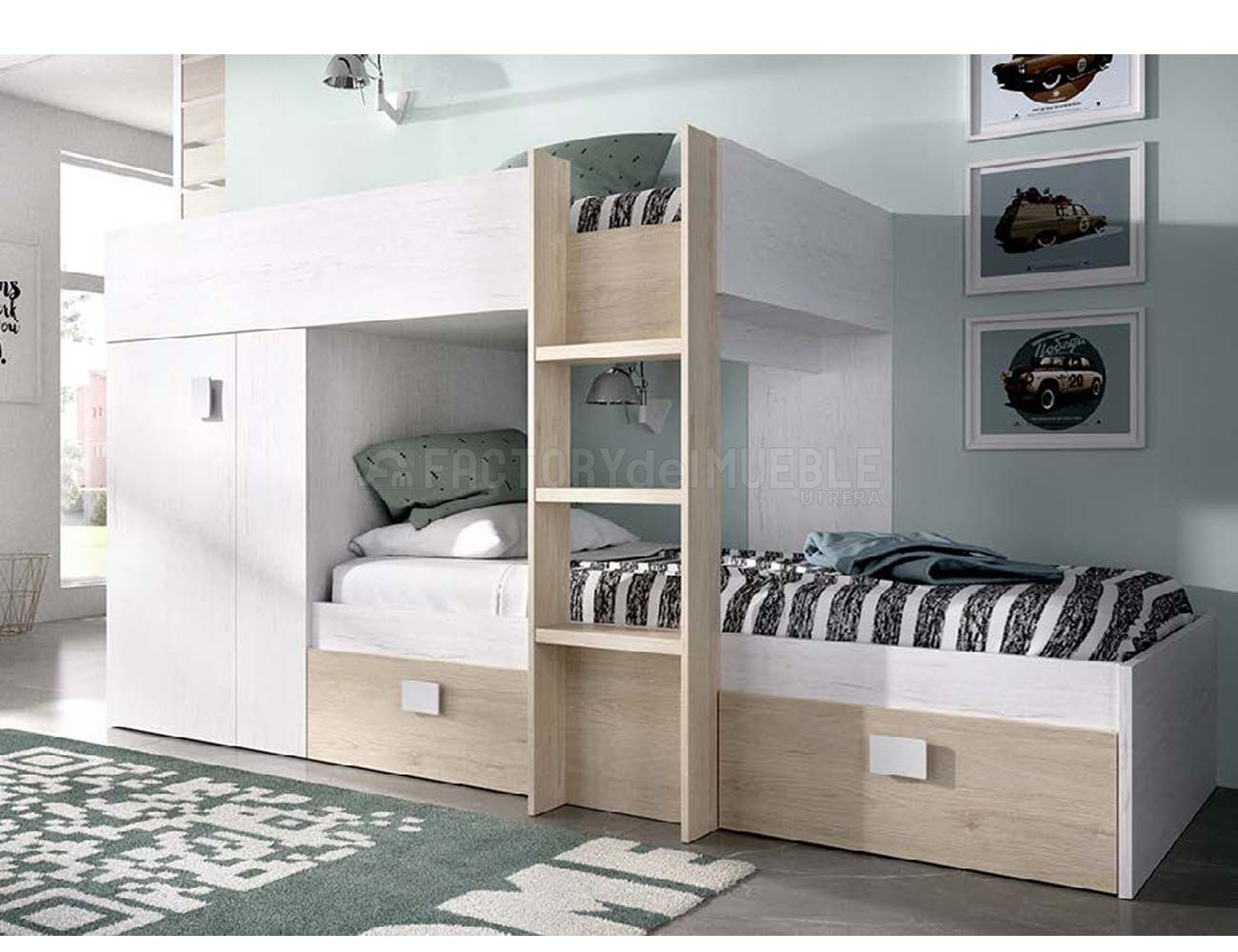 Cama Tren Con Dos Cajones Y Armario En Artic Con Natural 31331